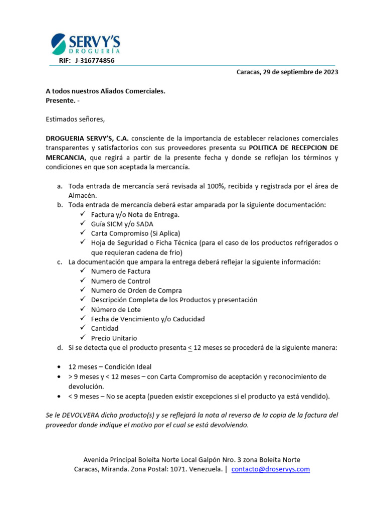Servy's - Politica de Recepcion de Mercancia | PDF | Negocios | Finanzas y dinero