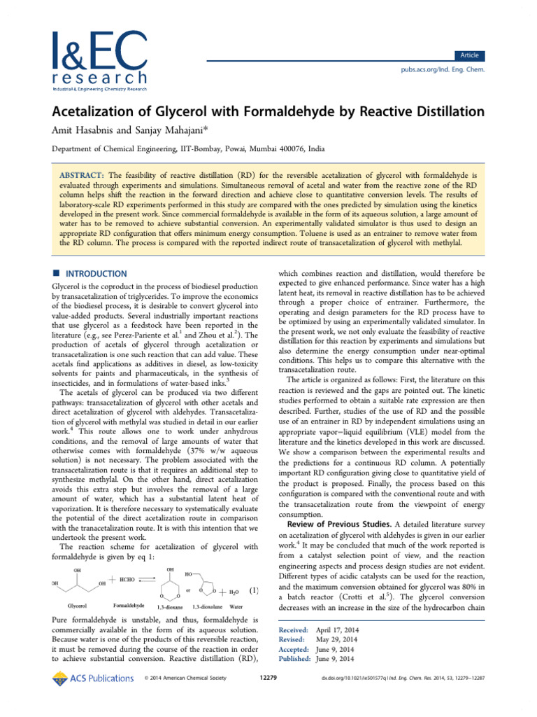 Acetalization of Glycerol With Formaldehyde by Reactive Distillation | PDF