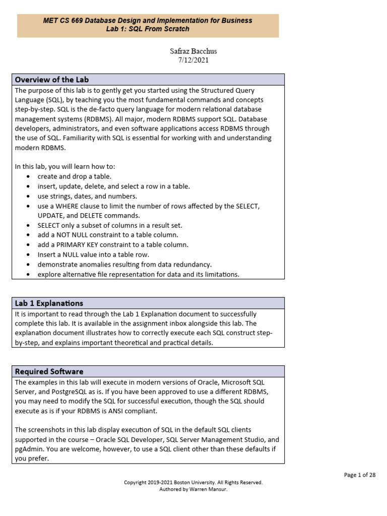 Bacchus Safraz CS669 Lab1 Graded | PDF | Relational Database | Databases