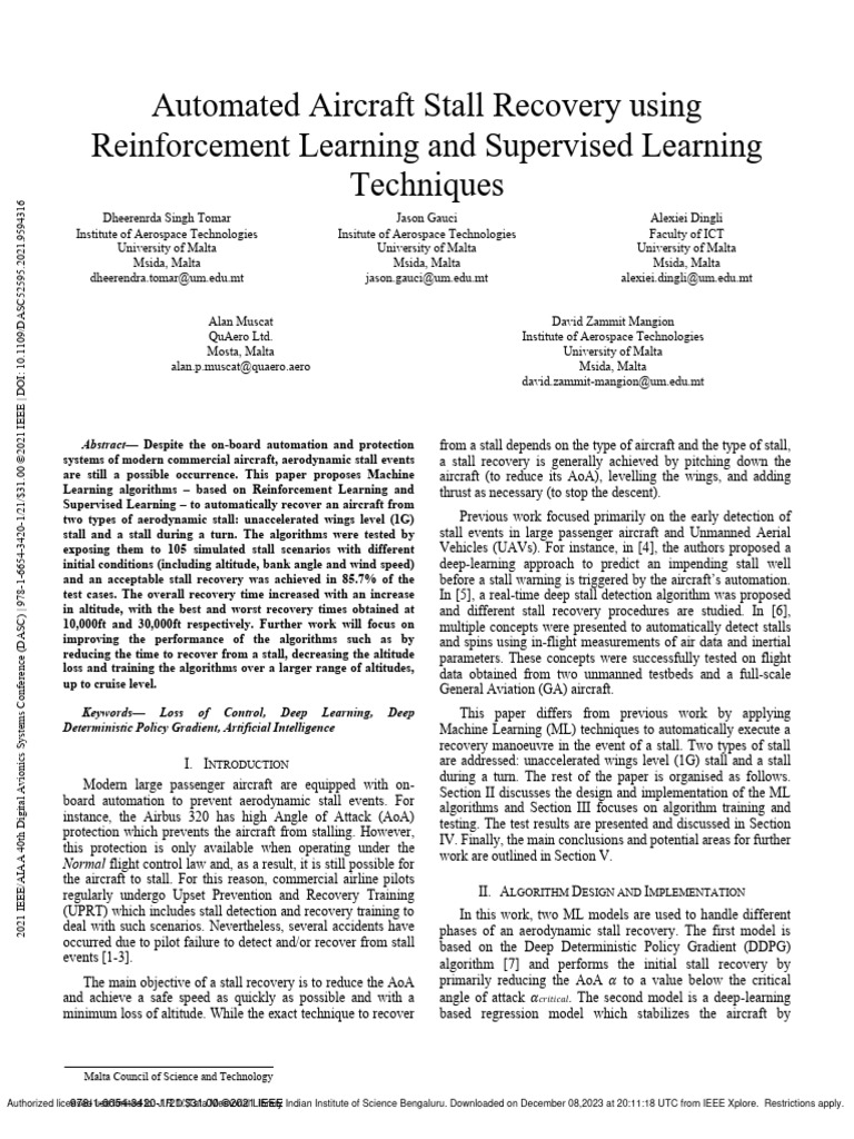 Automated Aircraft Stall Recovery Using Reinforcement Learning And