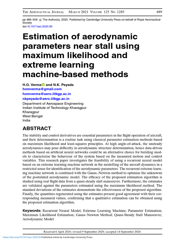 Estimation of Aerodynamic Parameters Near Stall Using Maximum Likelihood and Extreme Learning ...