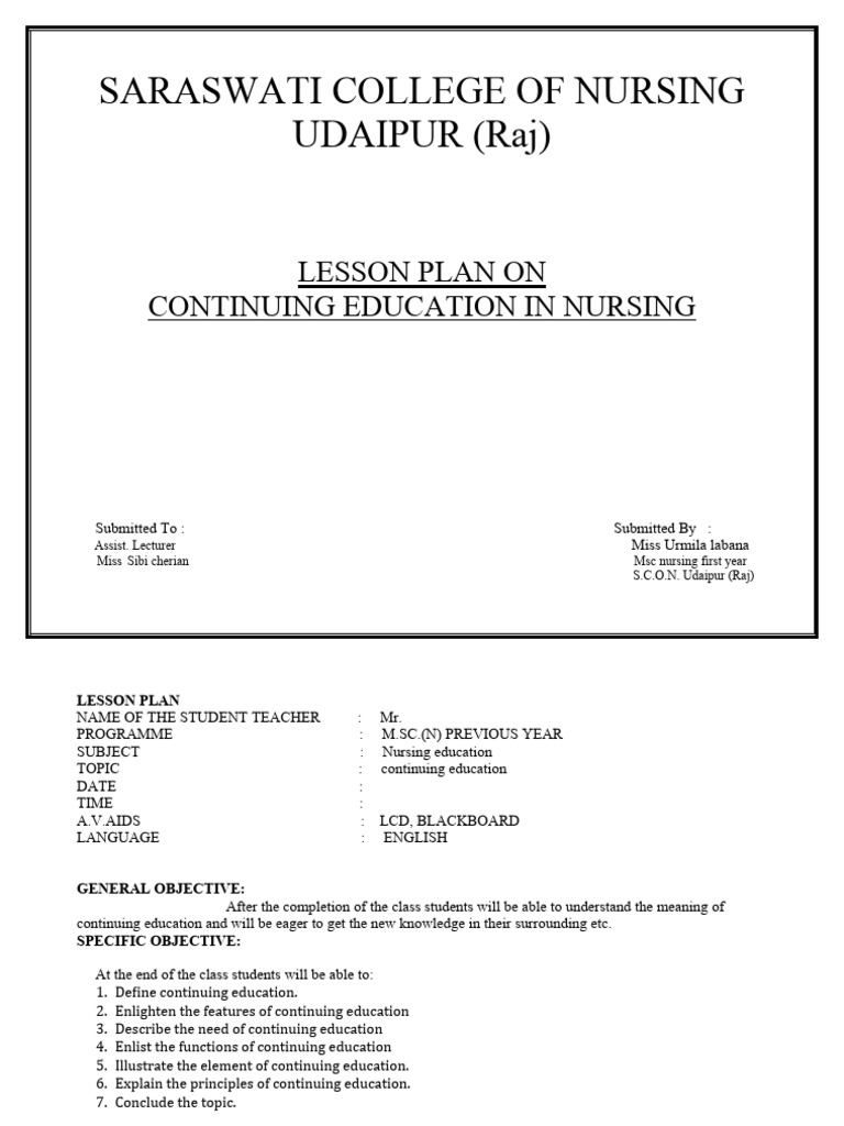 Continuing Education in Nursing Lesson Plan | PDF | Nursing | Learning