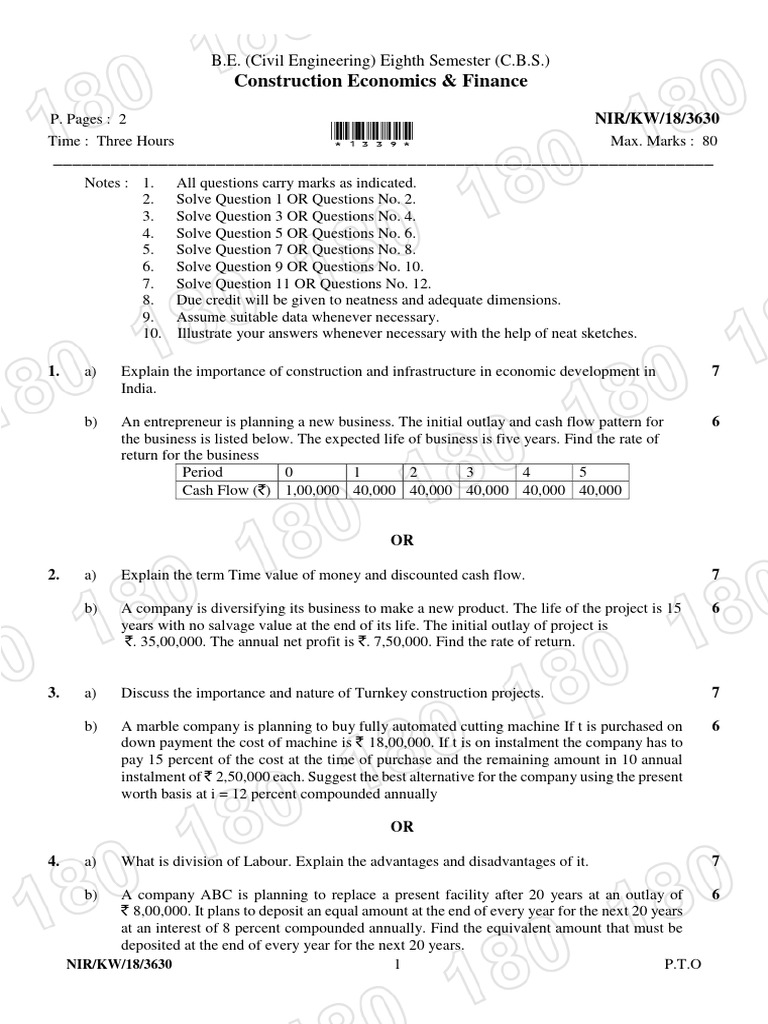 Construction Economics & Finance: B.E. (Civil Engineering) Eighth Semester (C.B.S.) | PDF