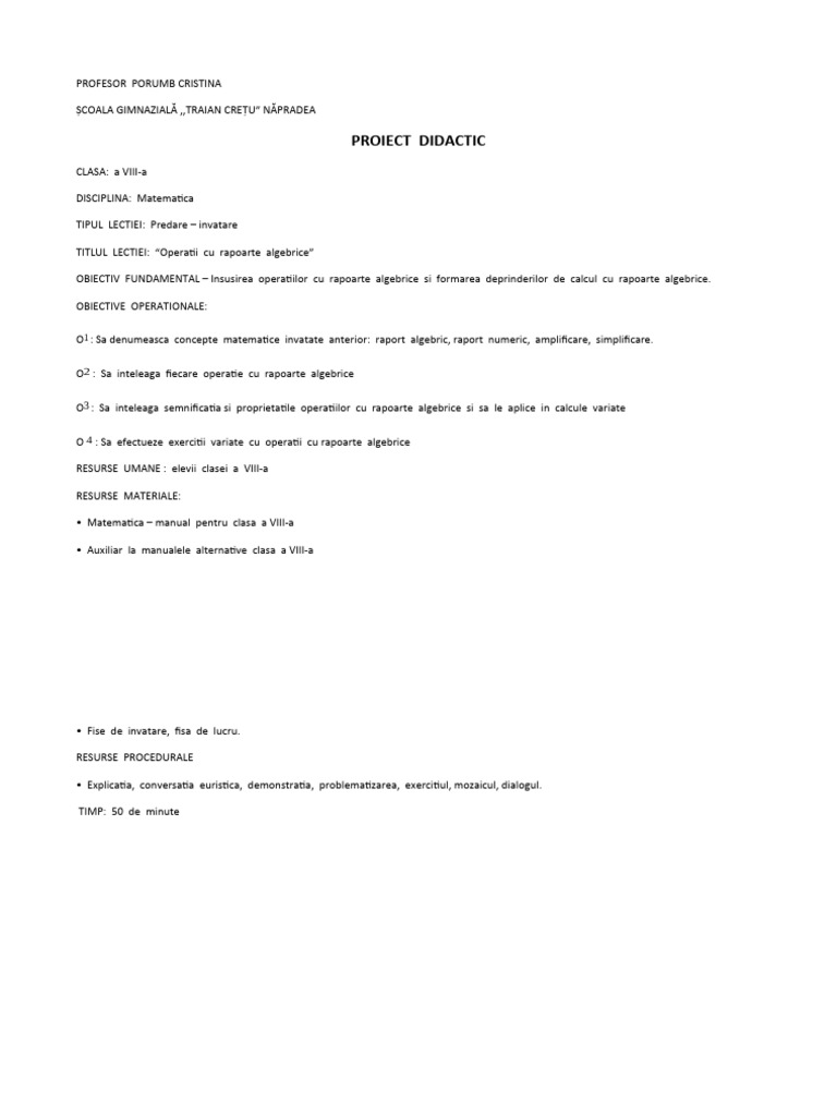 Clasa 8 Proiect - de - Lectie - Rapoarte - Algebrice | PDF