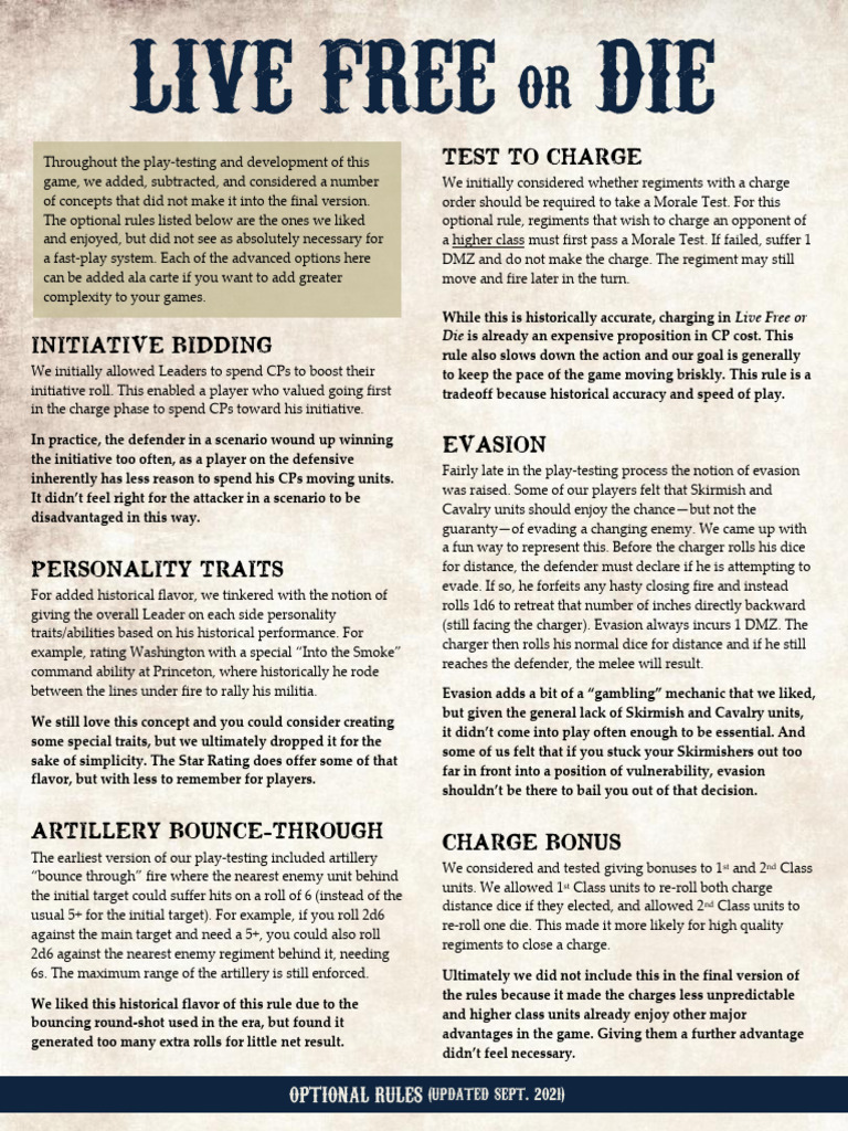 Live Free or Die Optional Rules | PDF | Conflicts | Warfare