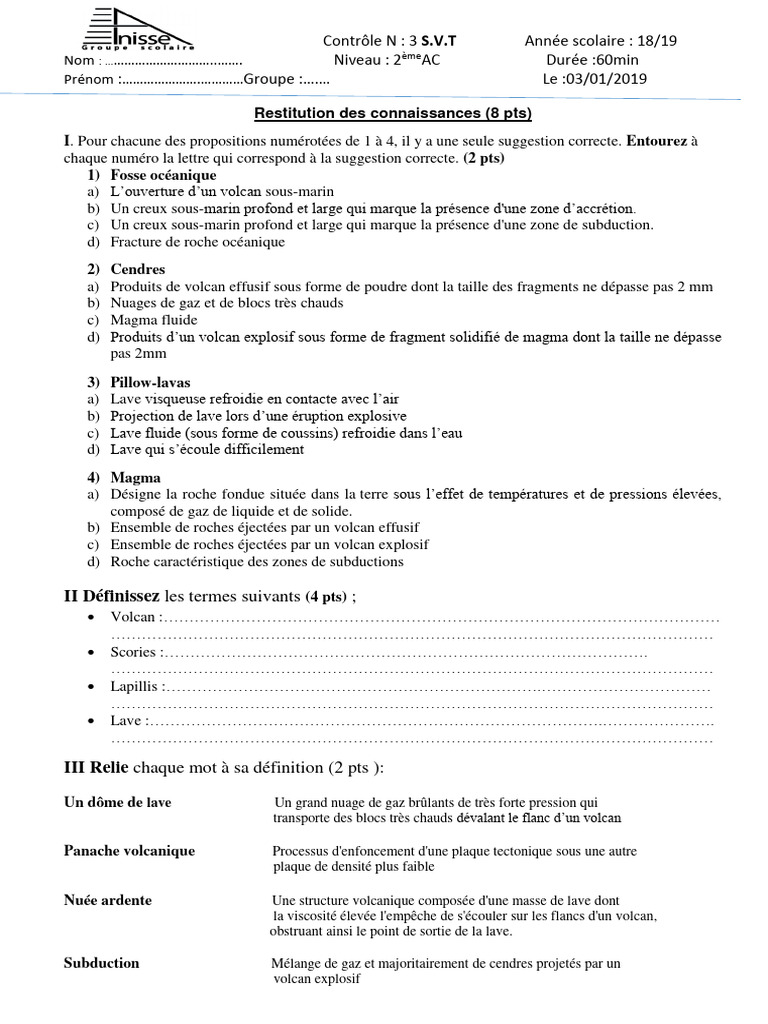 Devoir 3 Sciences de La Vie Et de La Terre 2college 1er Semestre ...