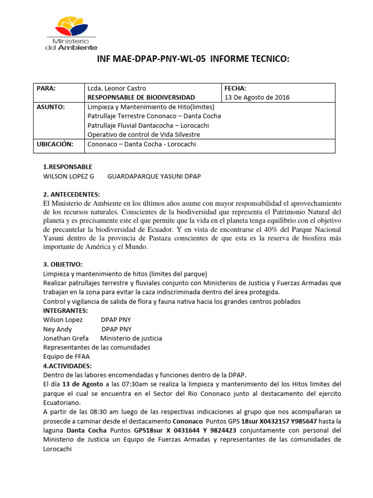 INF. TEC Patrullaje Cononaco Danta Cocha Lorocachi Hito | PDF