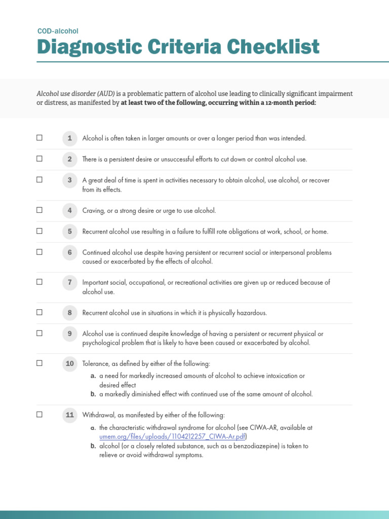 Alcohol Use Disorder Checklist | PDF