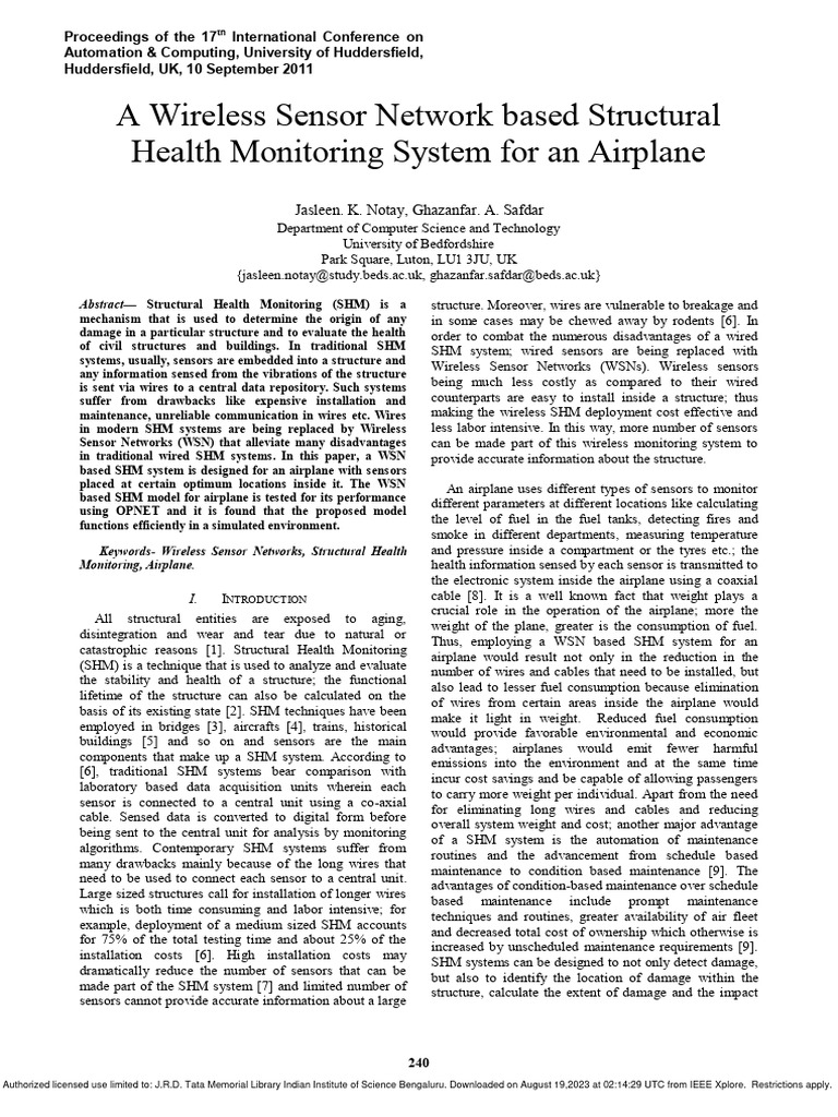 A Wireless Sensor Network Based Structural Health Monitoring System For An Airplane | PDF ...
