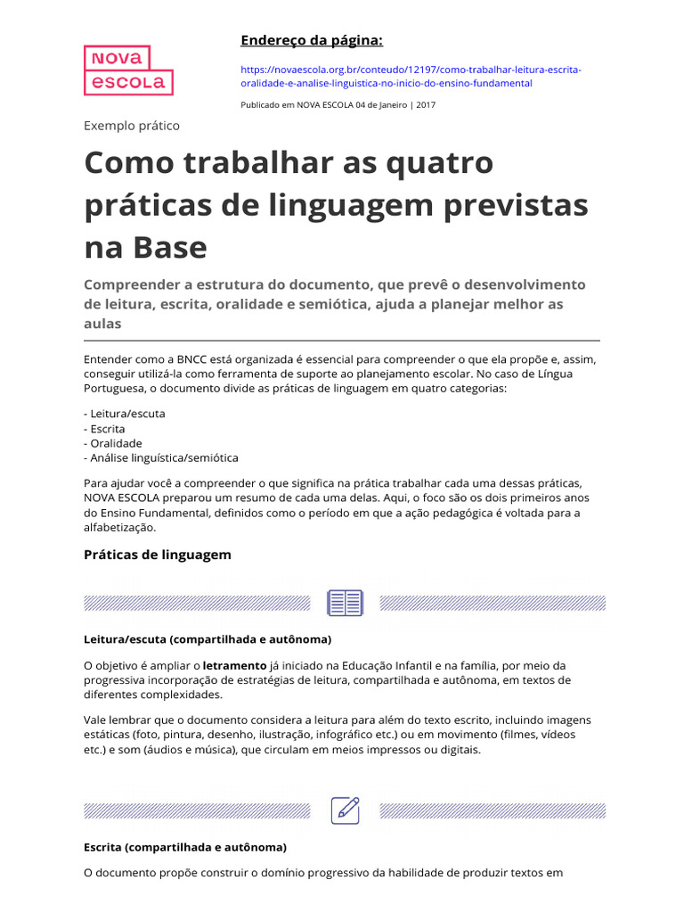 Como Trabalhar As Quatro Praticas de Linguagem Previstas Na Basepdf | PDF