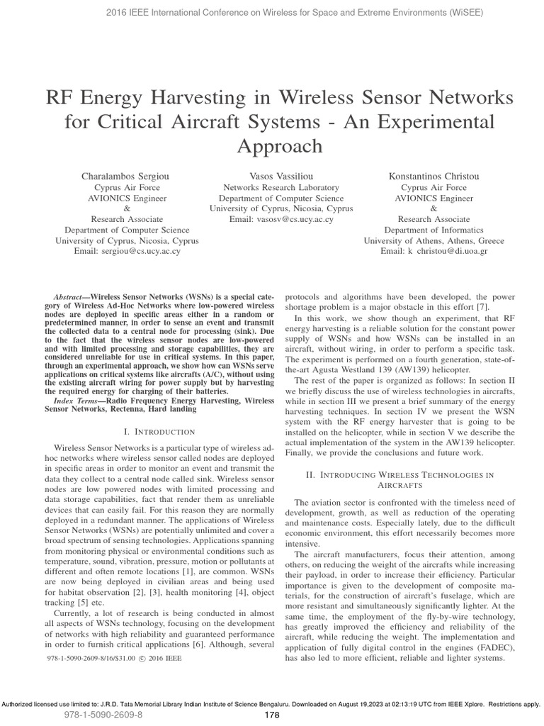 RF Energy Harvesting in Wireless Sensor Networks For Critical Aircraft Systems An Experimental ...