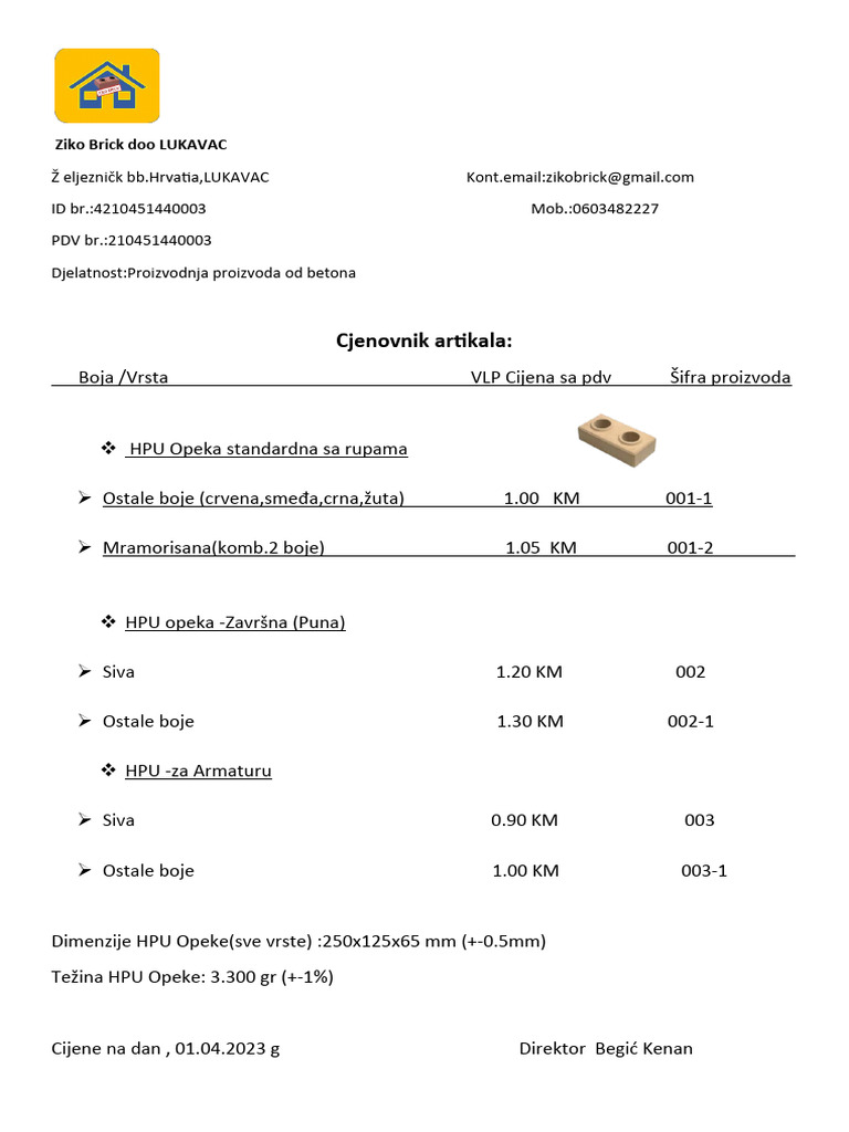 Cjenovnik Ziko Brick Doo Lukavac | PDF