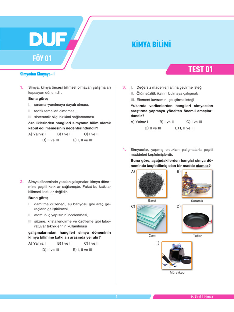 9.sınıf Kimya - DUF - FÖY 1 - Ornek | PDF