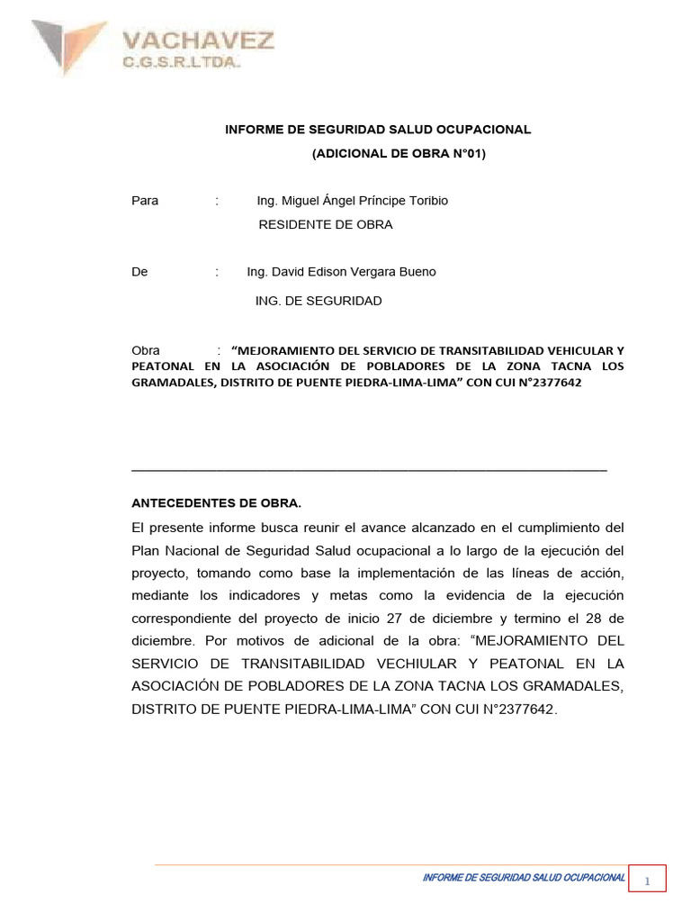 Informe de Adicional de Obra de Seguridad y Salud Gramadal | PDF