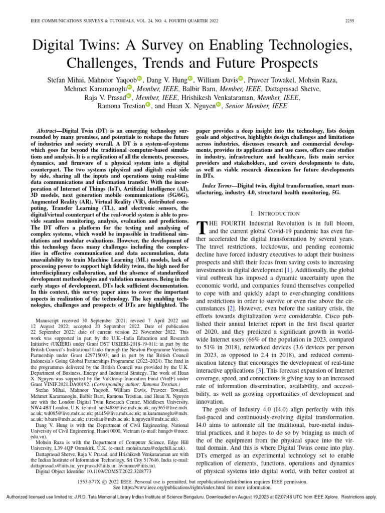 Digital Twins A Survey On Enabling Technologies Challenges Trends and Future Prospects ...