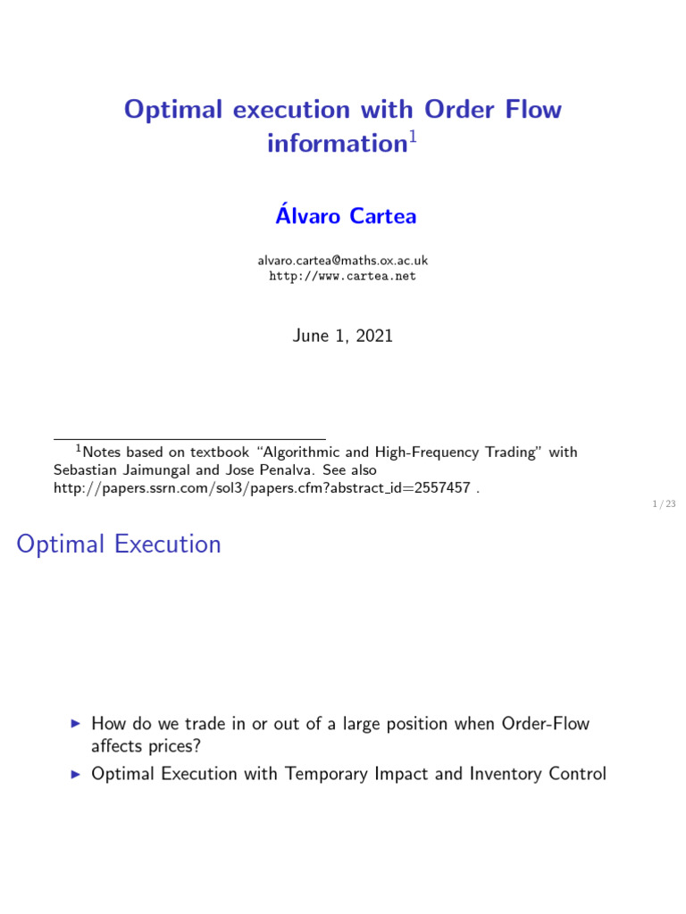 Final Lecture - Slides 3 Optimal Execution With Order Flow Information | PDF