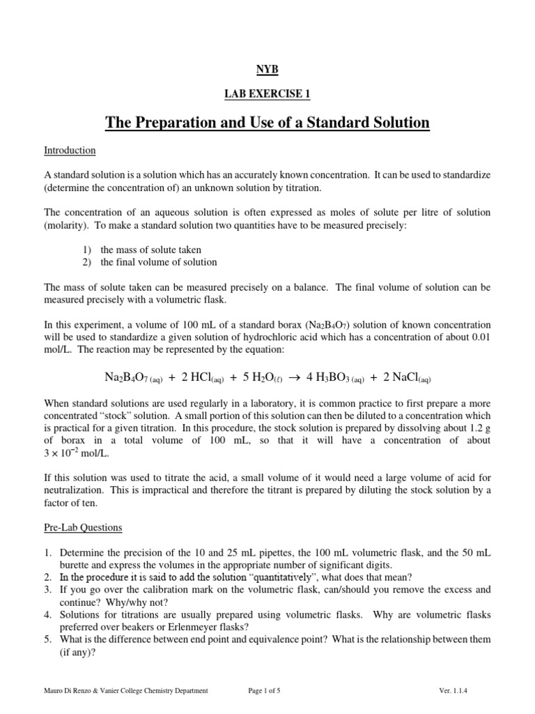 NYB-Exp01-Preparation and Use of A Standard Solution - V 1.1.4 | PDF | Titration | Chemistry