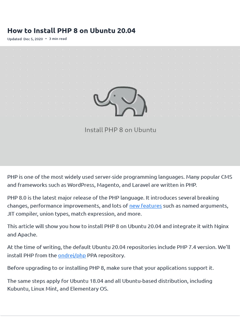How To Install PHP 8 On Ubuntu 20.04 - Linuxize | PDF | Php | Apache Http Server