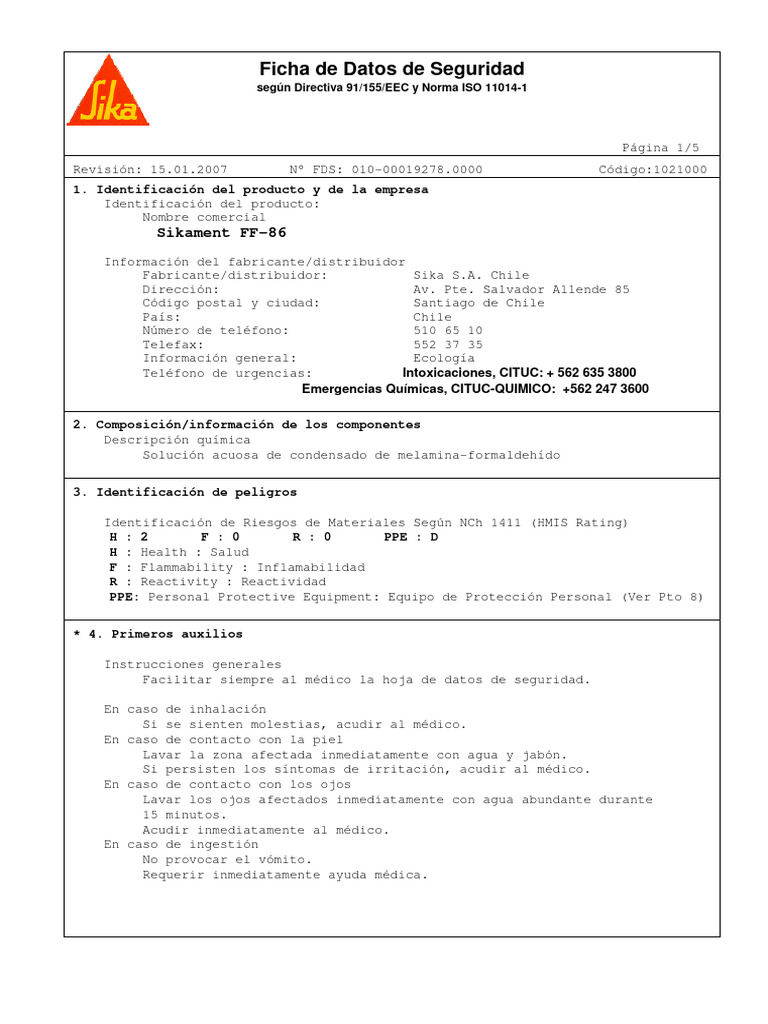 Sikament FF86 | PDF | Agua | Dióxido de carbono
