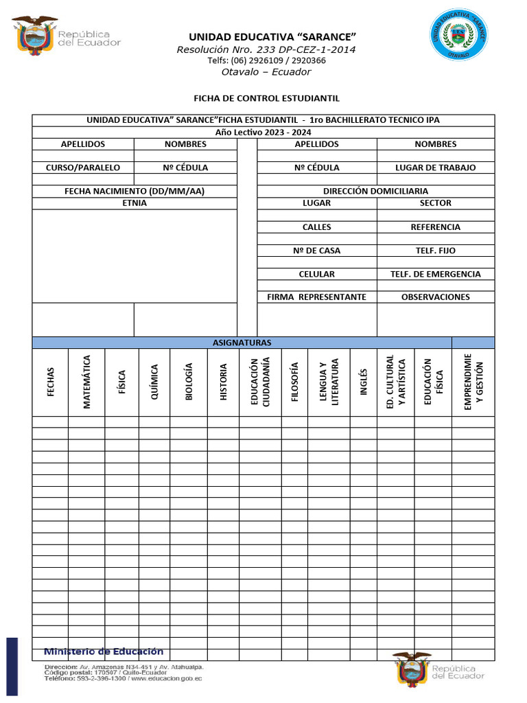 Fichas de Estudiante de 1° Bgu | PDF