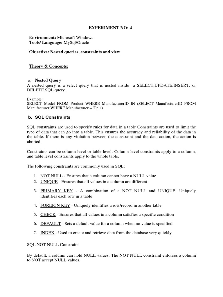 Experiment No. 4 - DBMS Lab Final | PDF | Relational Database | Table ... Experiment No. 4 - DBMS Lab Final | PDF | Relational Database | Table ...