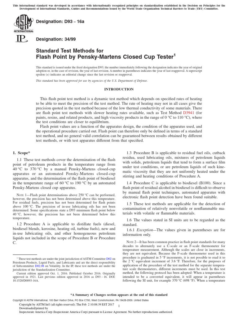 ASTM D93-16a FLASH POINT For Pensky-Martens | PDF | Biodiesel | Chemistry
