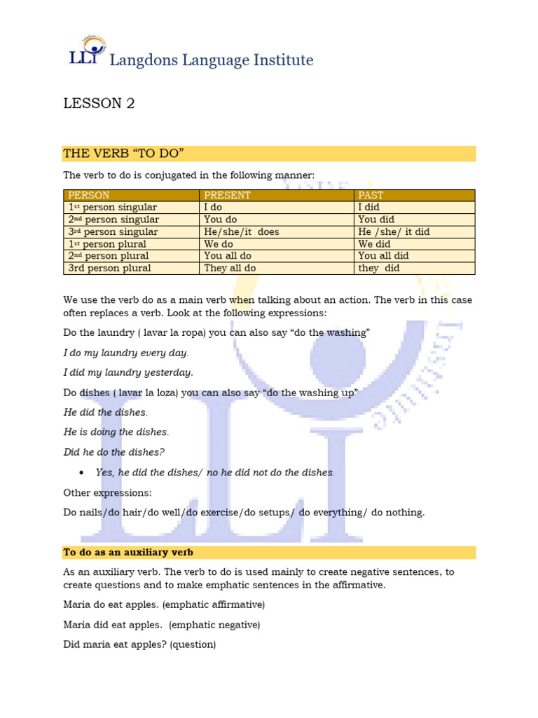 ESL LESSON 2 The Verb TO DO | PDF