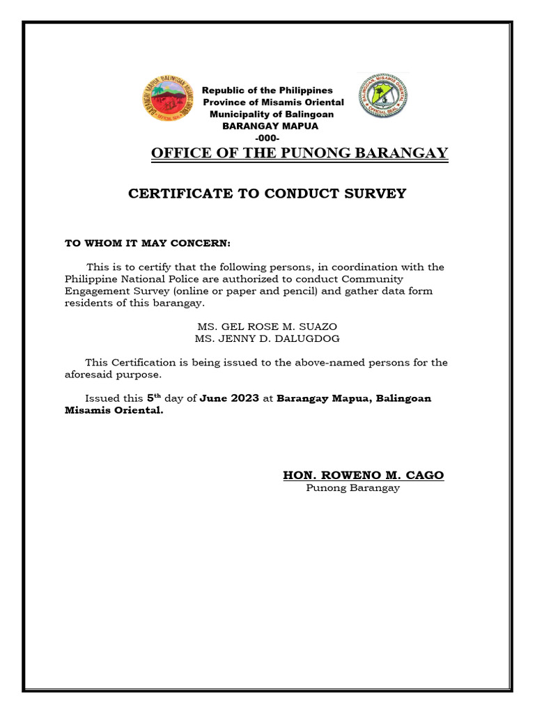 Certificate to Conduct Community Survey | PDF
