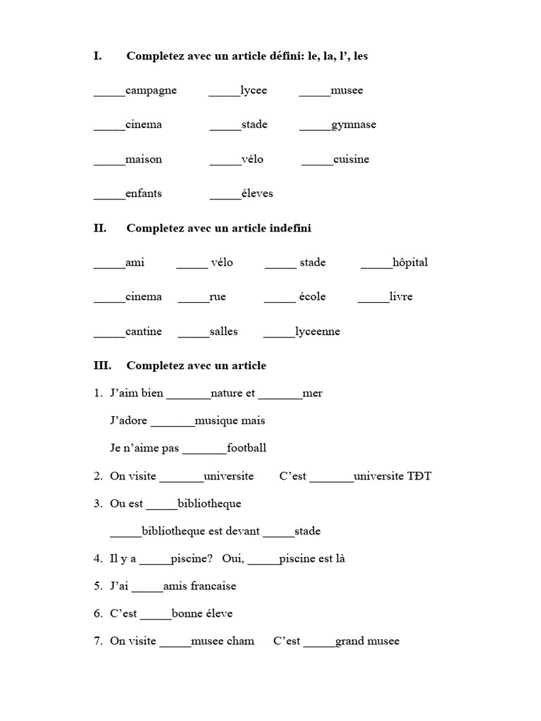 Completez Avec Un Article Défini | PDF
