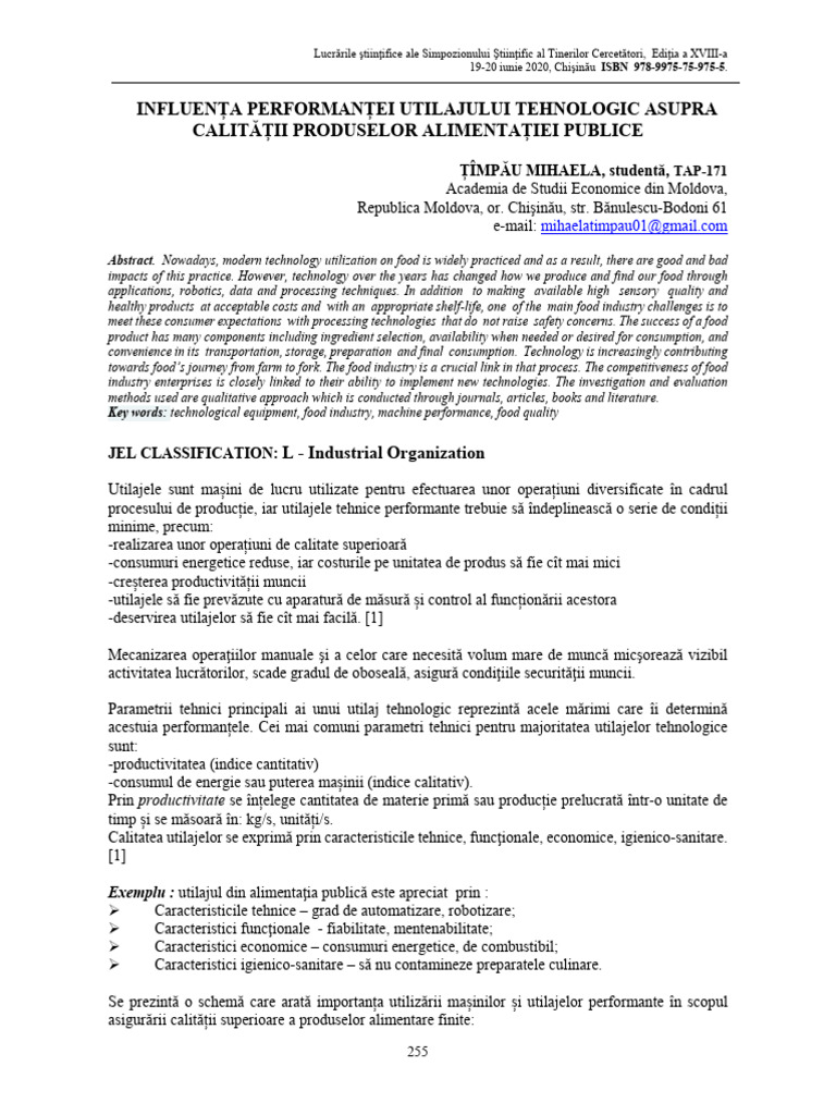 Influenta Performantei Utilajului Tehnologic Asupra Calitatii Produselor Alimentatiei Publice | PDF