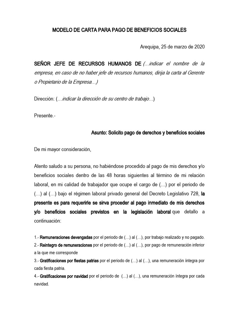Modelo de Carta para Pago de Beneficios Sociales | PDF | Salario | Derecho laboral