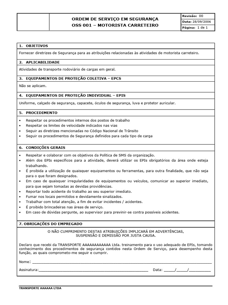 Ordem de Serviço - Motorista Carreteiro Modelo | PDF