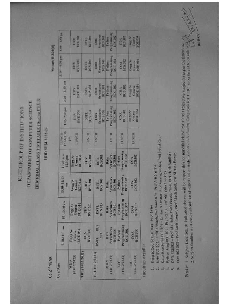 Remedial Class Time Table (3rd & 5th Sem) | PDF