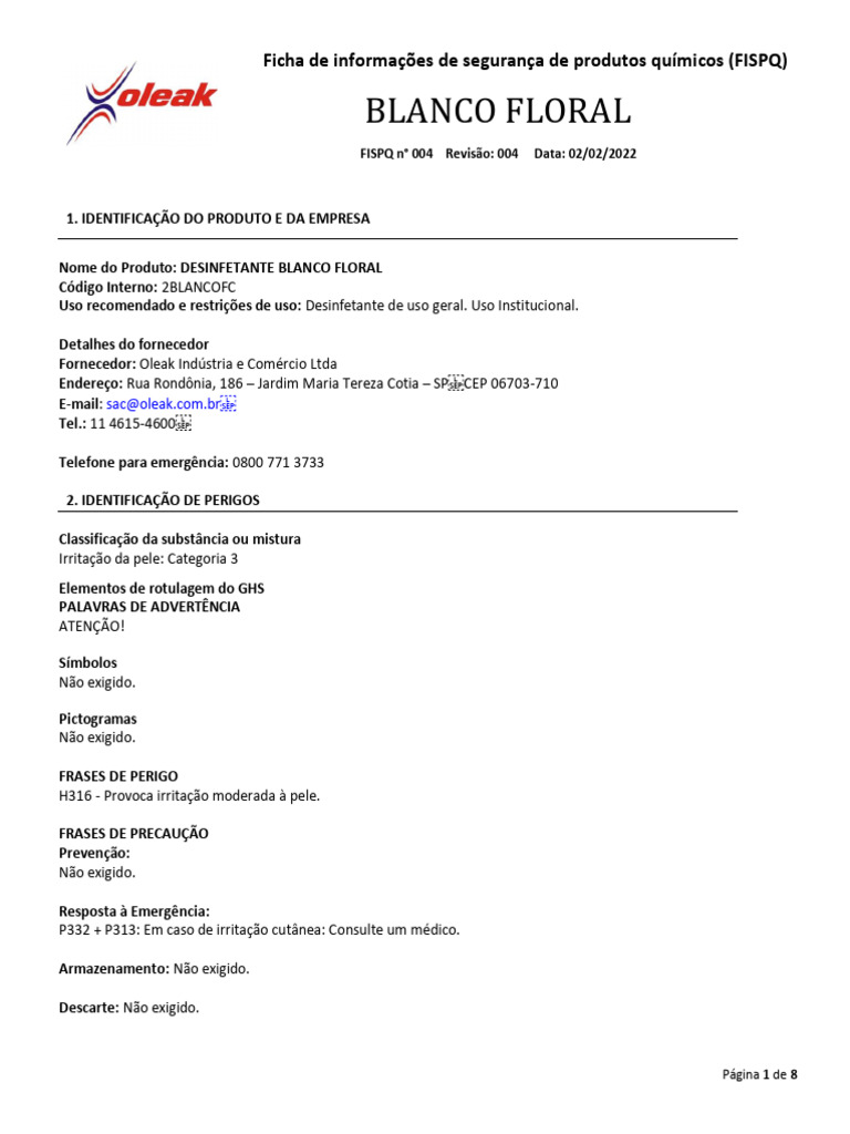 FISPQ - Blanco Desinfetante Floral 5 L | PDF
