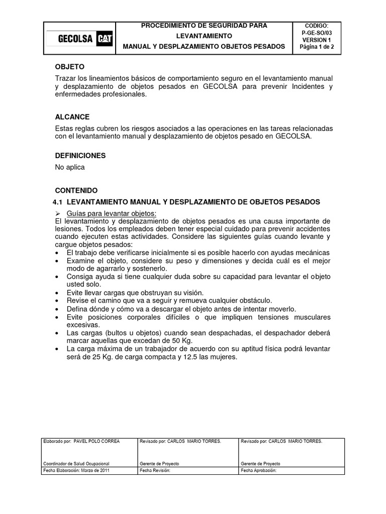 Procedimiento REGLAS DE SEGURIDAD PARA MANEJO MANUAL DE CARGAS | PDF