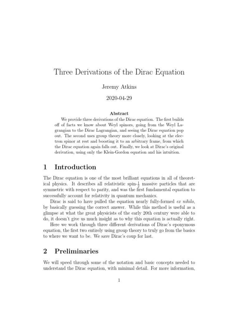 Three Derivations of The Dirac Equation | PDF