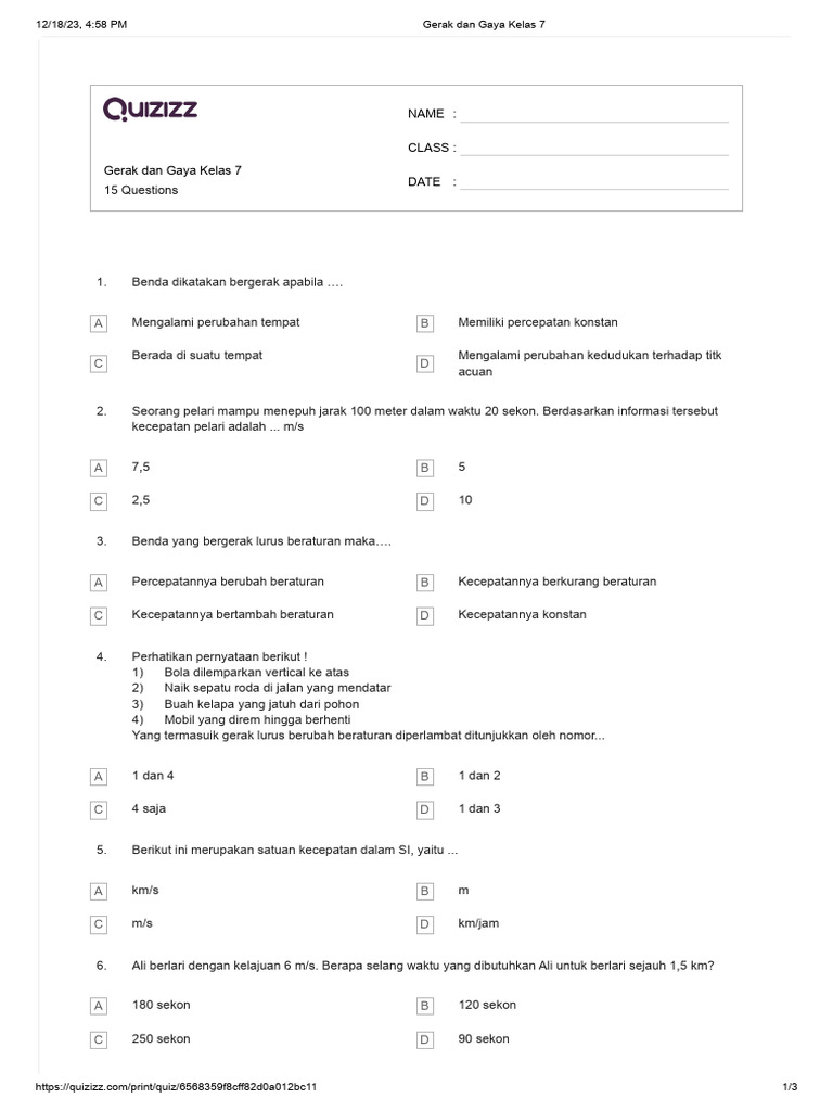 Gerak Dan Gaya Kelas 7 | PDF