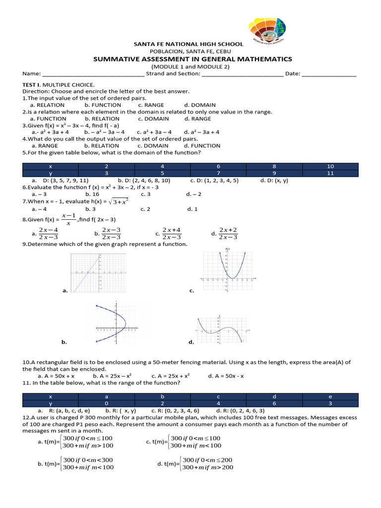 2nd Summative Assessment in General Mathematics (Module 3 and Module 4) Operation On Function ...