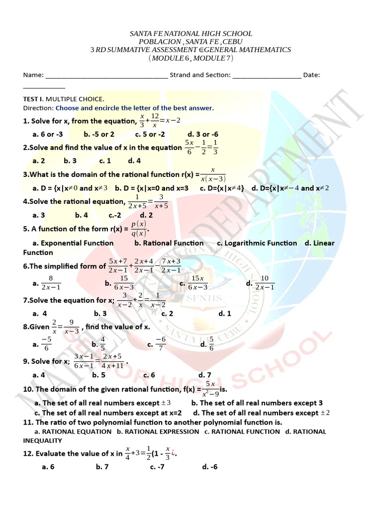 3rd Summative Assessment in General Mathematics (Module 6 and Module 7 ...
