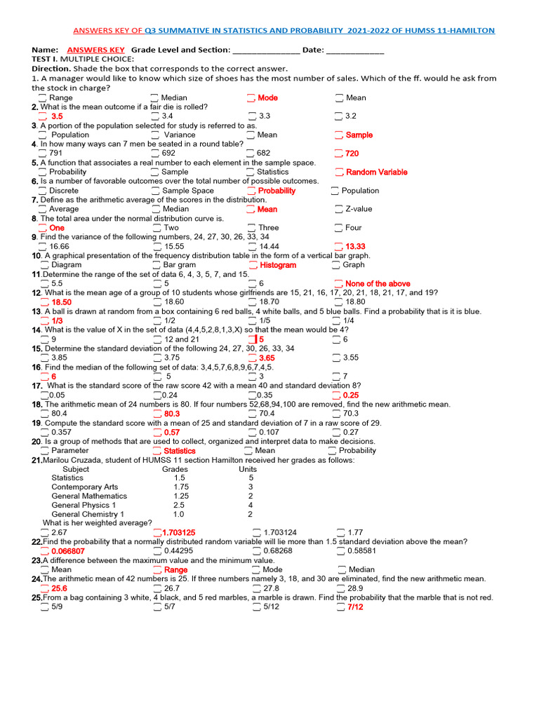 Q3 Statistics & Probability Answer Key | PDF