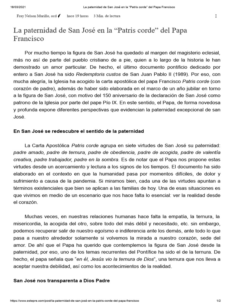 La Paternidad de San José en La "Patris Corde" Del Papa Francisco | PDF ...