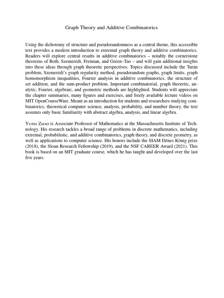 Yufei Zhao 赵宇飞 Graph Theory And Additive Combinatorics Exploring Structure And Randomness