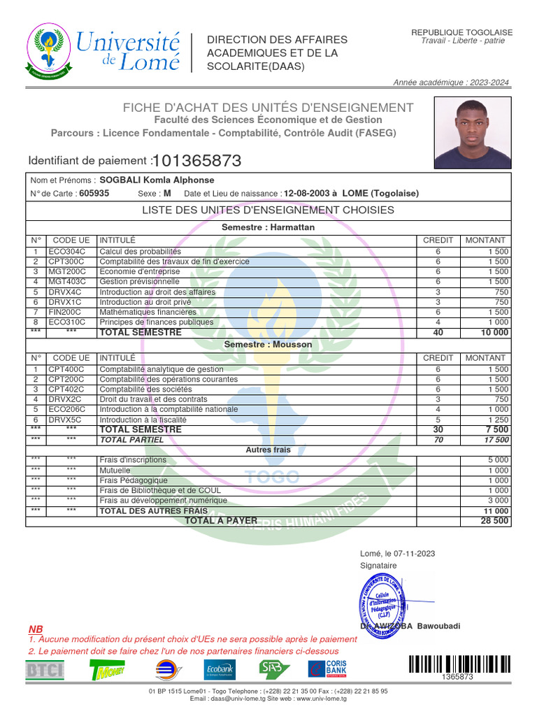 Fiche D'Achat Des Unités D'Enseignement: Identifiant de Paiement | PDF