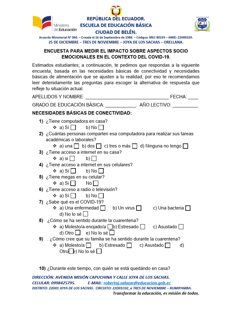 Encuesta para Medir El Impacto Socioemocional Estudiantil 2020 - 2021 ...