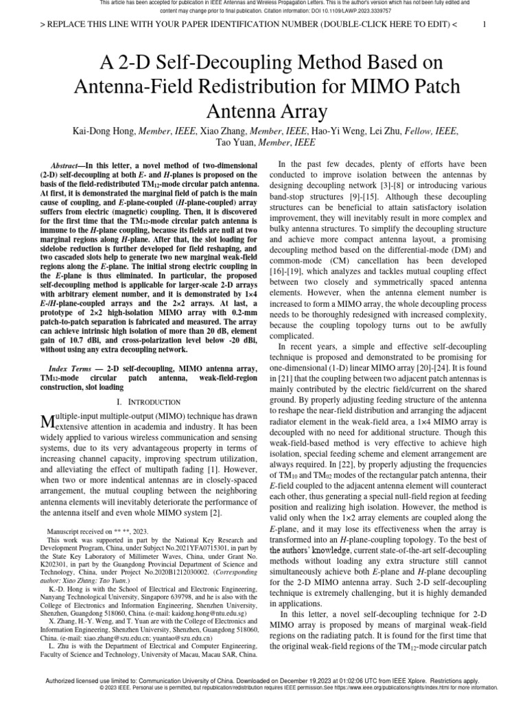 A 2 D Self Decoupling Method Based On Antenna Field Redistribution For Mimo Patch Antenna Array