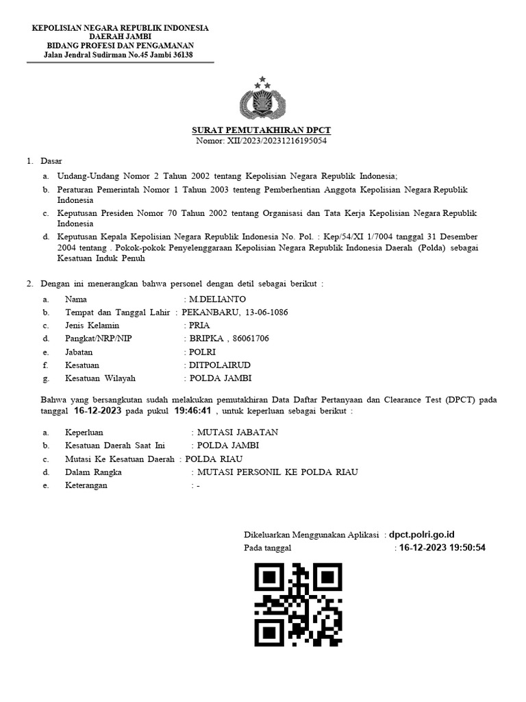Surat Pemutakhiran DPCT Polri 2023 | PDF | Ilmu Sosial | Hukum