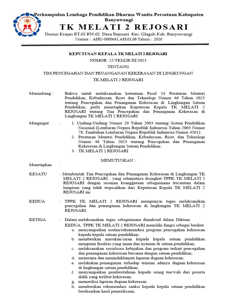 CONTOH SK TPPK TK Melati 2 | PDF