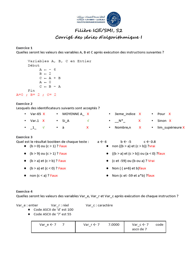 Algorithmiques Série Dexercices Corrigés Pdf