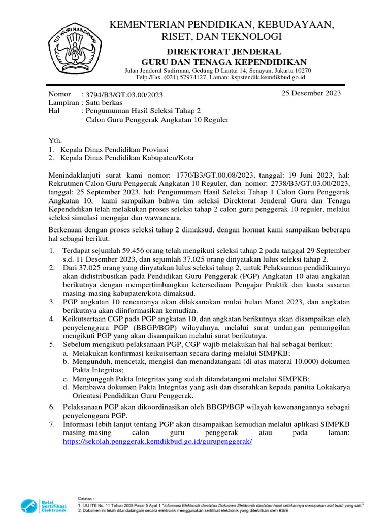 Pengumuman Lolos Seleksi Guru | PDF