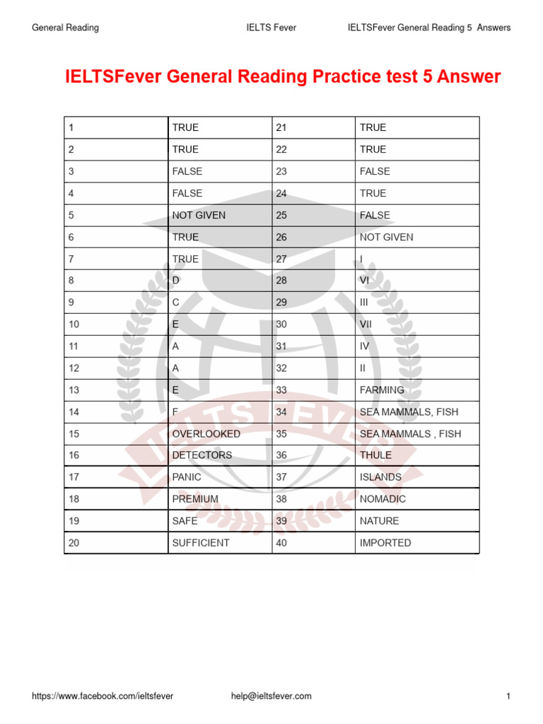 IELTSFever General Reading Test 5 Answers | PDF